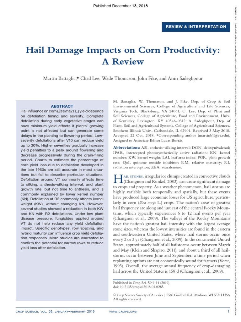 Crop Science - 2019 - Battaglia - Hail Damage Impacts On Corn ...