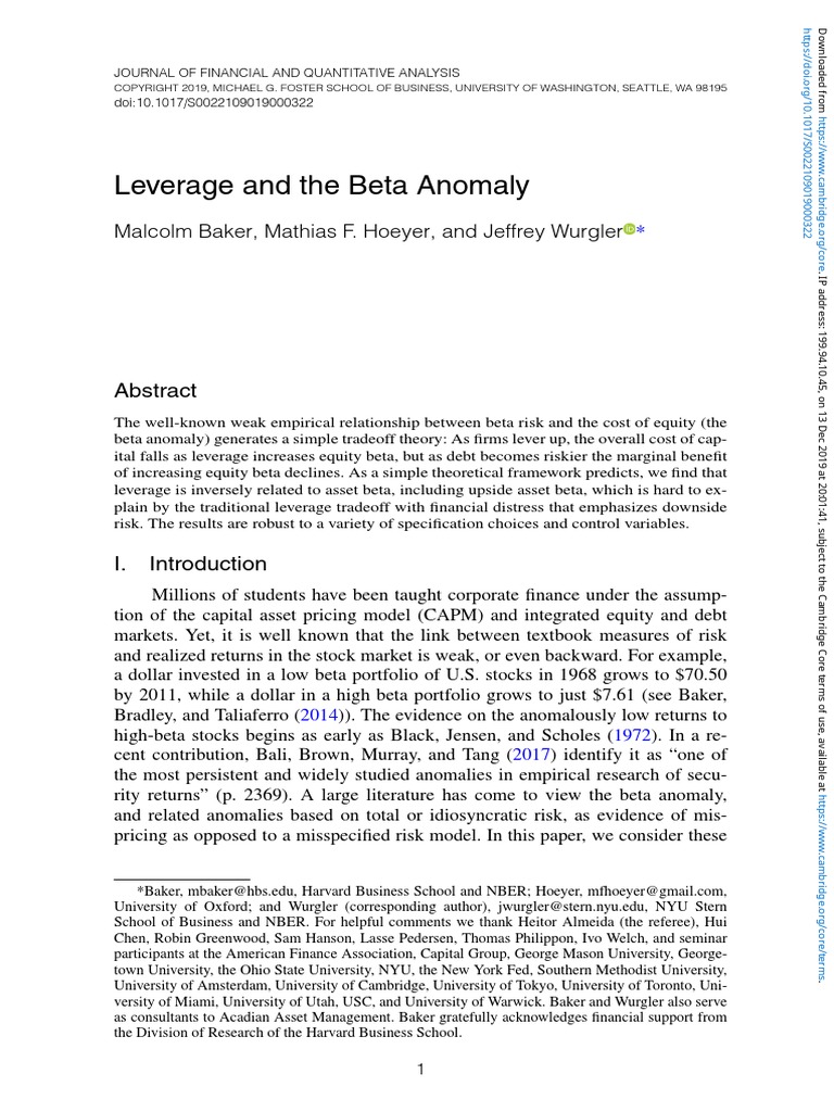 Leverage and The Beta Anomaly | PDF | Beta (Finance) | Capital Asset Pricing Model