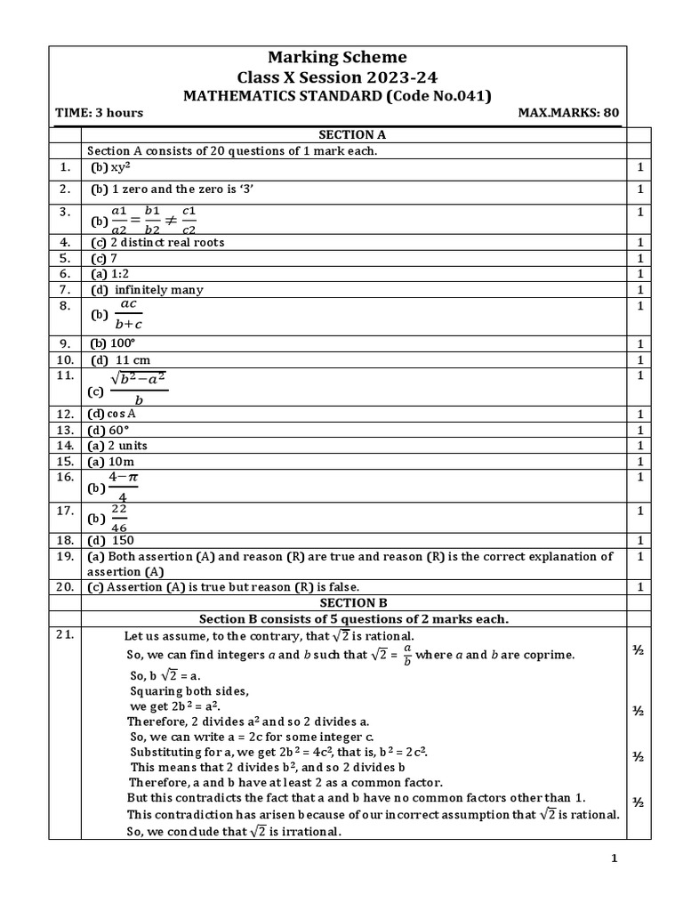 Marking Scheme Class X Session 2023-24: Mathematics Standard (Code No.041) | PDF | Triangle ...