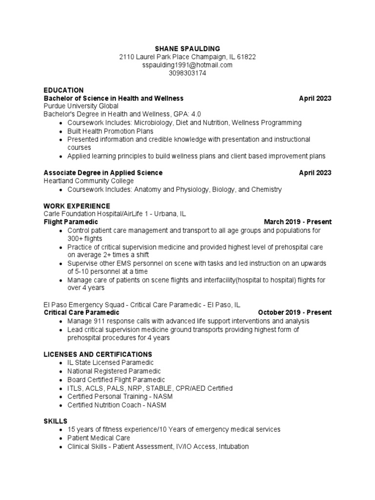 Shane Spaulding Resume Final | PDF | Paramedic | Emergency Medical Services