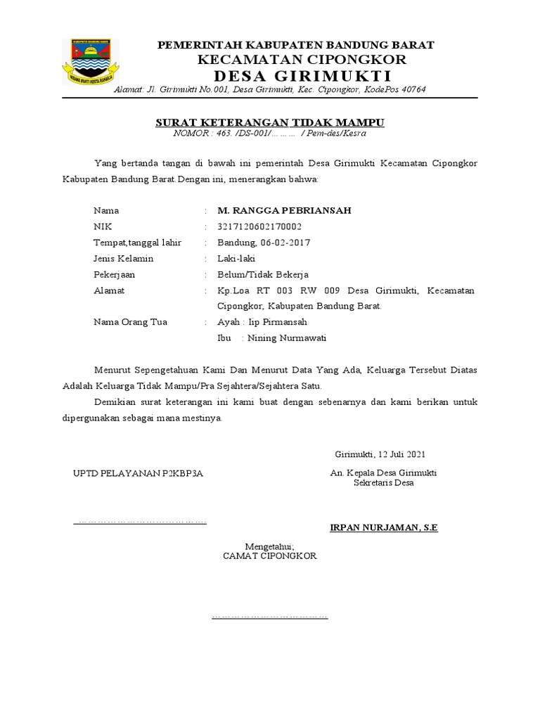 Surat Keterangan Miskin | PDF