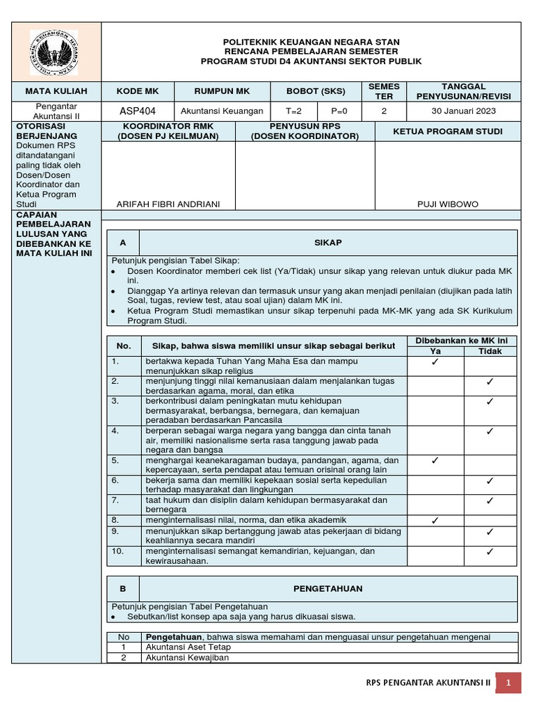 RPS Pengantar Akuntansi II D4 Reg - Genap - TA2223 - Mar2023 | PDF