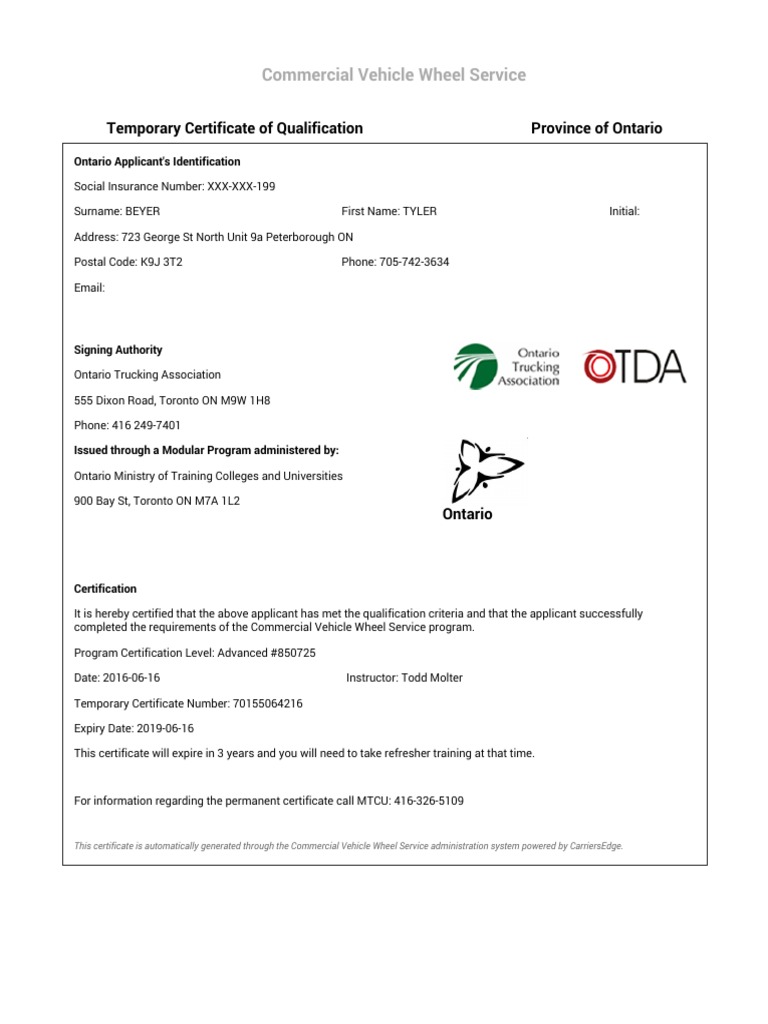 Commercial Vehicle Wheel Service Certificate | PDF | Technology ...