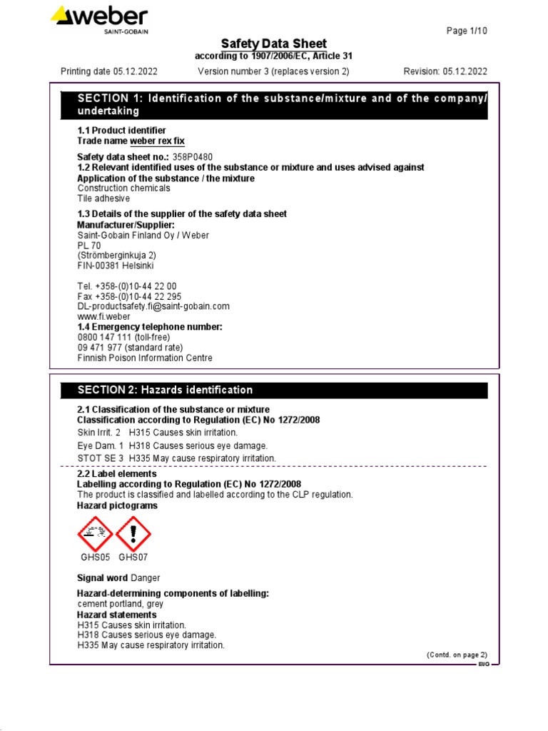 Safety Data Sheet for Weber Rex Fix | PDF | Toxicity | Dangerous Goods
