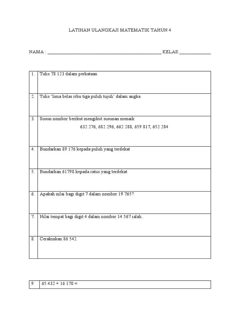 Latihan Ulangkaji Matematik Tahun 4 | PDF