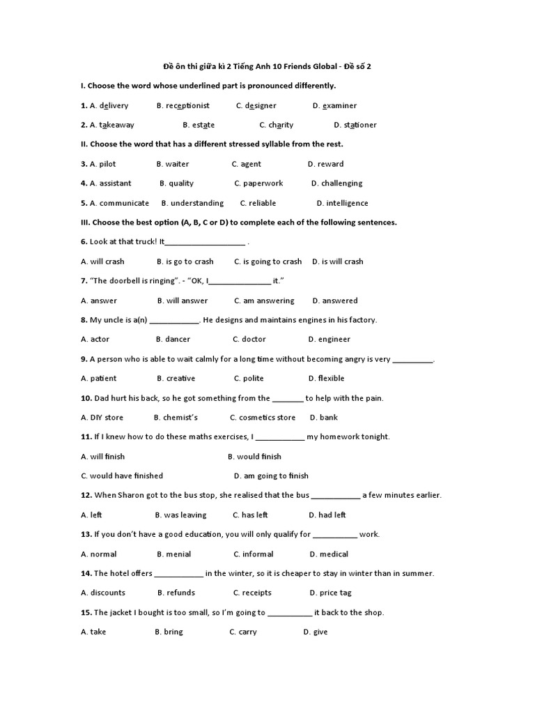 Midterm Exam 2 Practice Test on English Pronunciation, Grammar ...