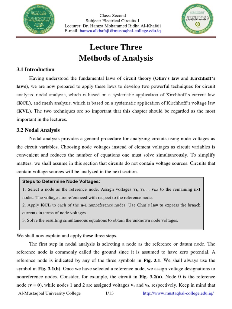 Lecture Three Methods of Analysis | PDF | Electrical Network | Voltage