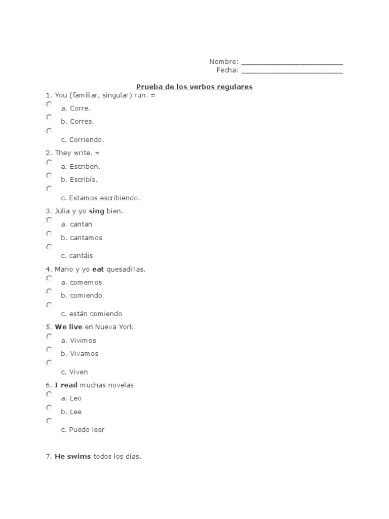 Regular Verb Quiz | PDF