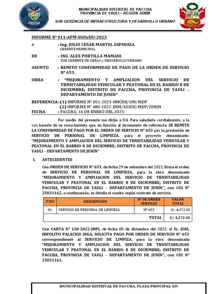 INFORME N° 011 2023 REMITO CONFORMIDAD DE PAGO (SERVICIO DE PERSONAL DE LIMPIEZA) UTUTO | PDF