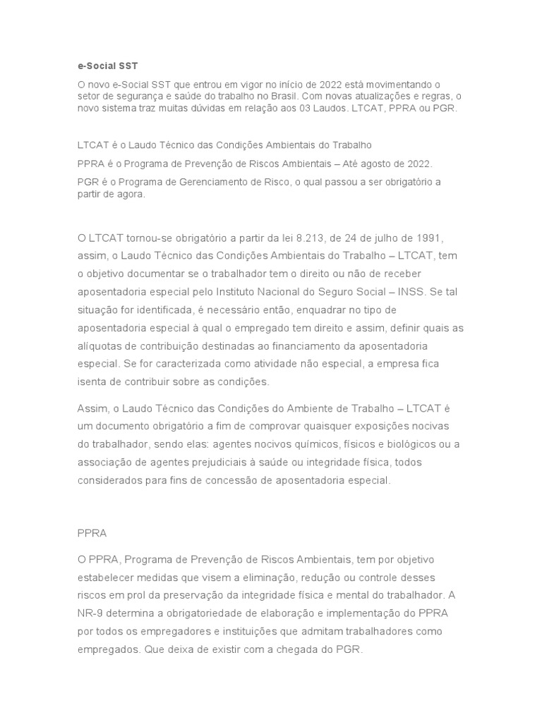 A Importancia Dos Laudos LTCAT PGR e PCMSO | PDF