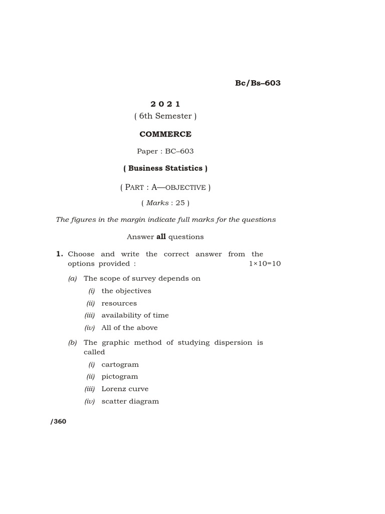Bc/Bs-603 2 0 2 1 (6th Semester) Commerce: Paper: BC-603 (Business Statistics) | PDF | Mean ...