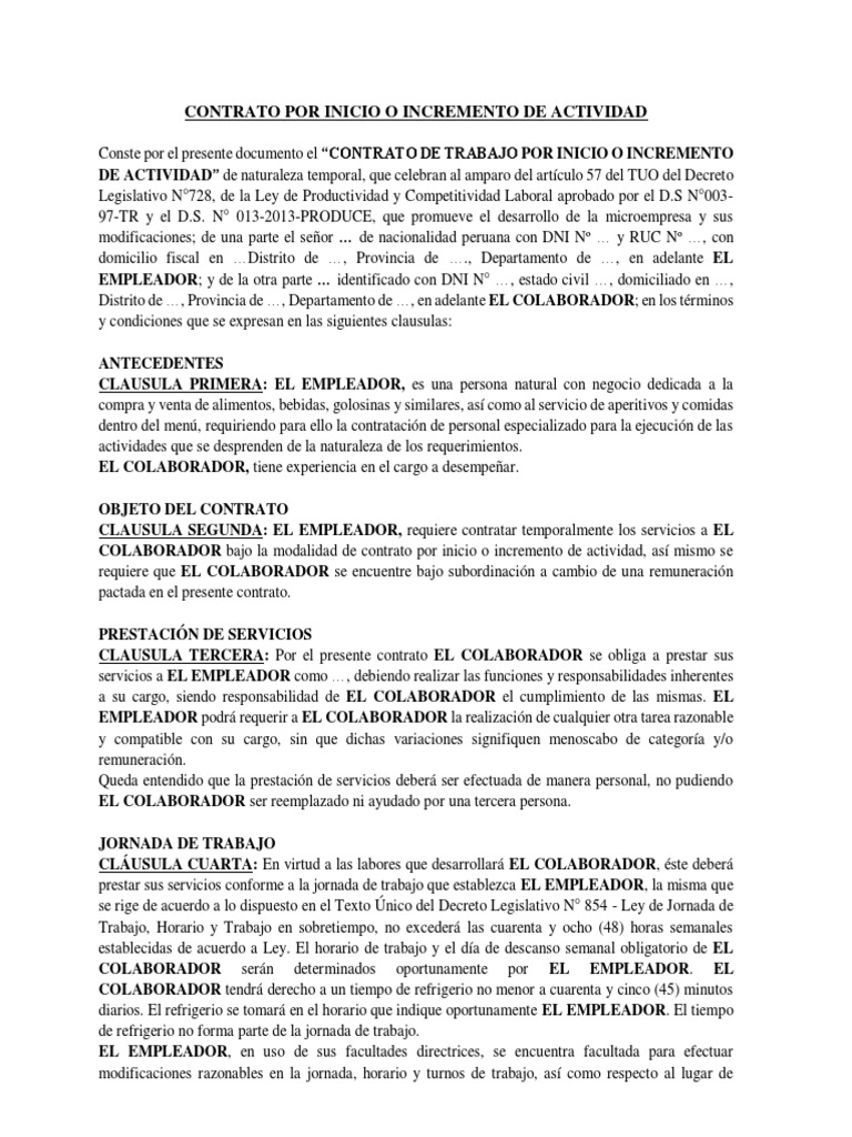 Modelo Contrato de Trabajo Por Inicio o Incremento de Actividad | PDF | Tiempo de trabajo | Salario