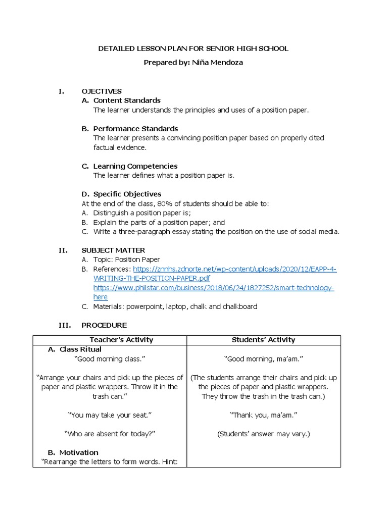 Detailed Lesson Plan For Senior High | PDF | Argument | Essays