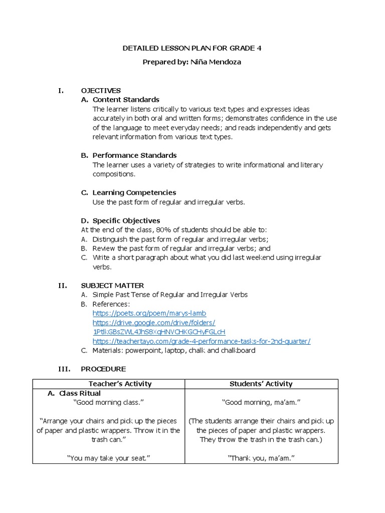 Lesson Plan: Simple Past Tense for Grade 4 | PDF | Language Arts ...