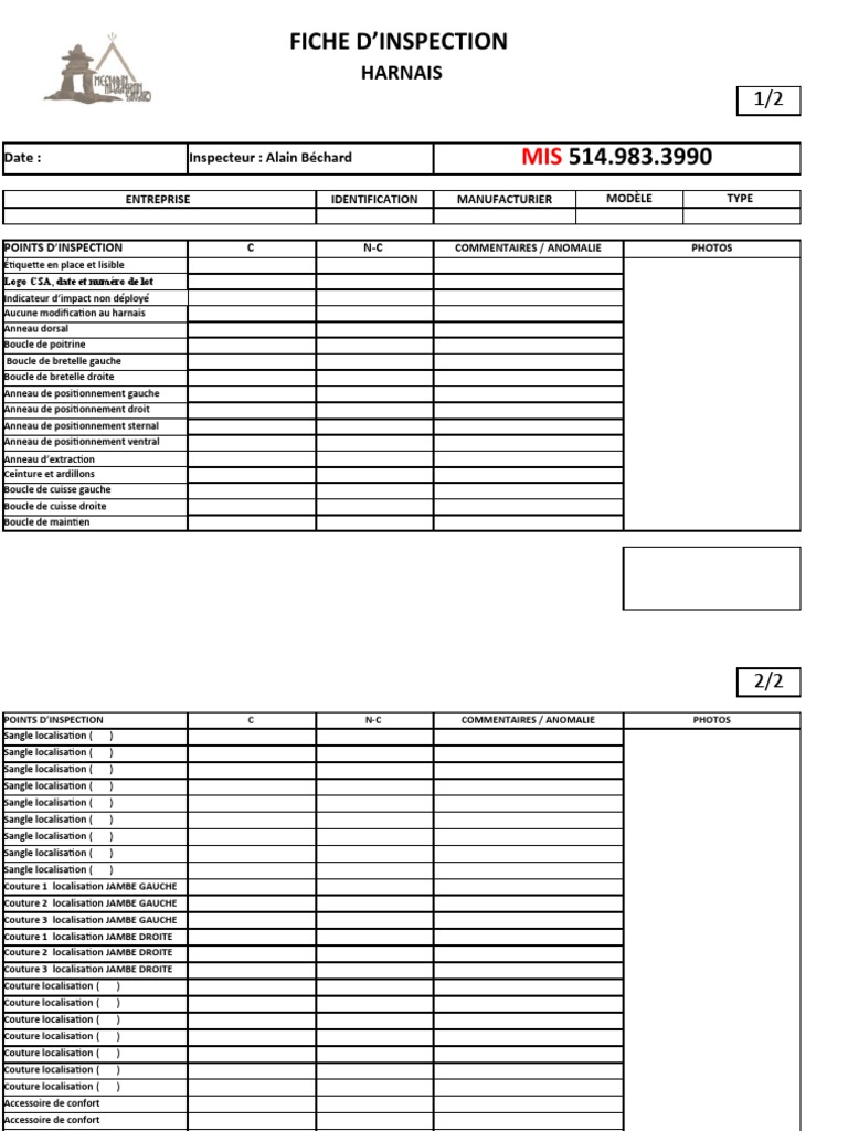 Fiche d'Inspection des Harnais de Sécurité | PDF