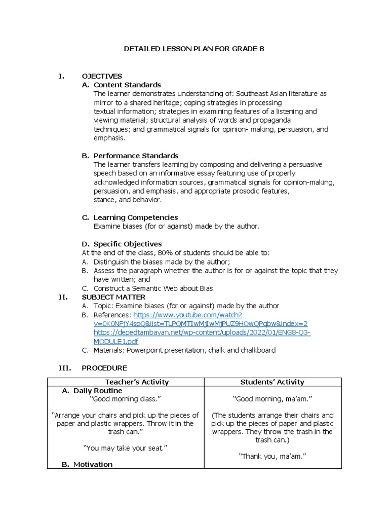 DETAILED LESSON PLAN FOR GRADE 8 | PDF | Bias | Attitude (Psychology)