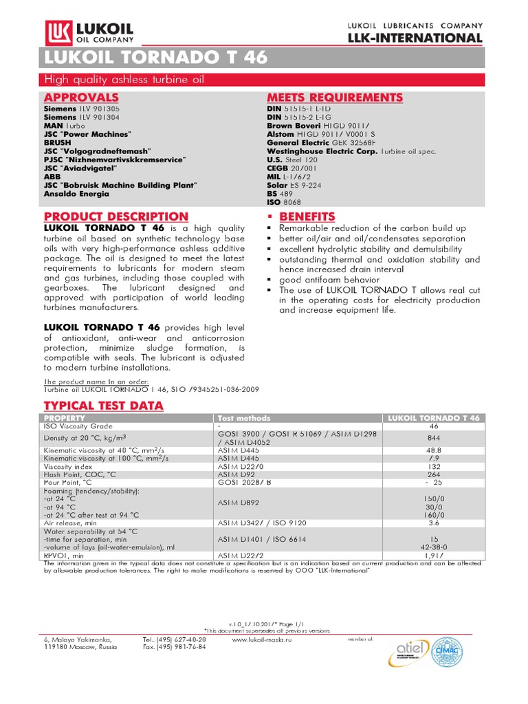Data Sheet Lukoil Tornado 46 | PDF
