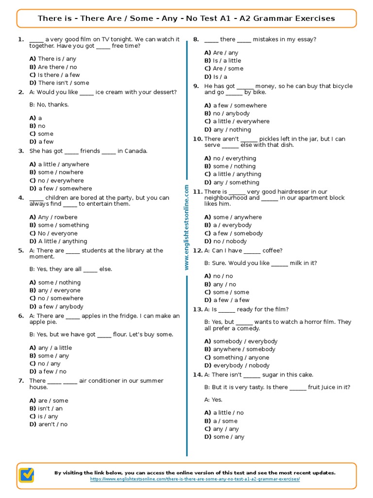 451 - There Is There Are Some Any No Test A1 A2 Grammar Exercises ...