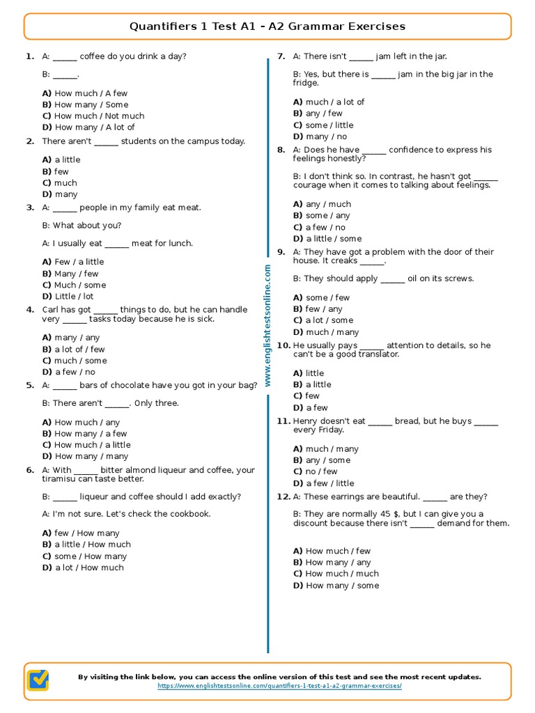453 - Quantifiers 1 Test A1 A2 Grammar Exercises | PDF