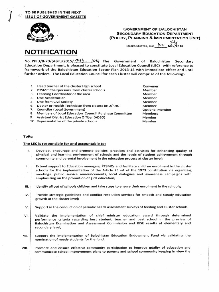 Notification Local Education Group-LEC and Responsibilities | PDF