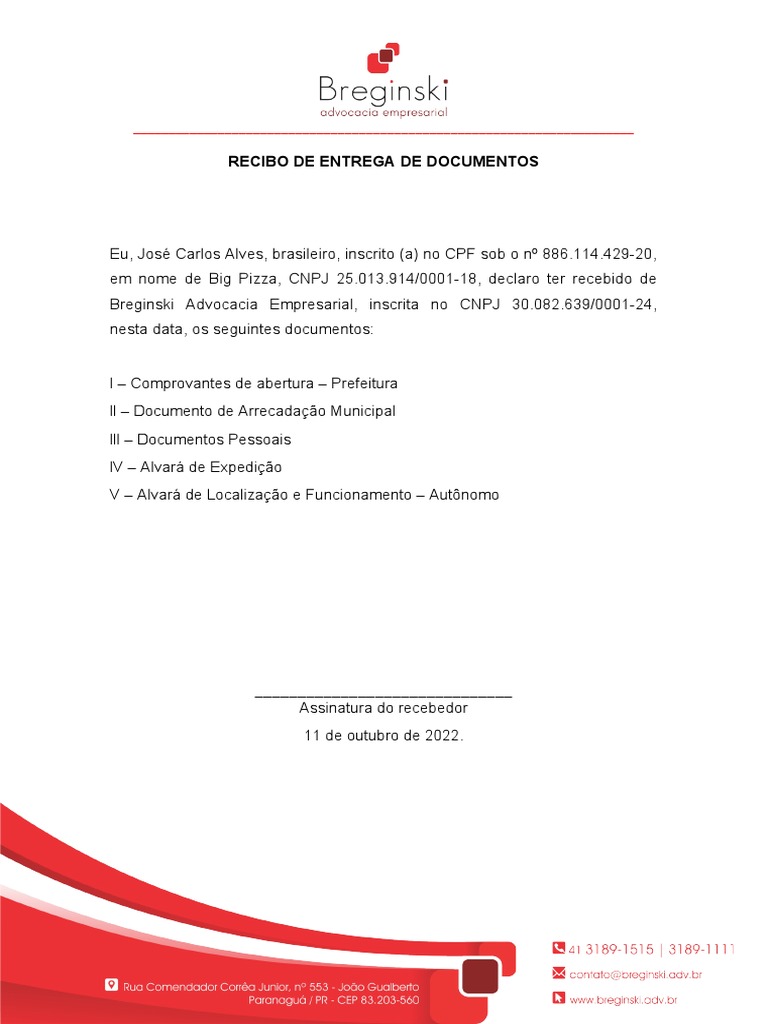 modelo de recebimento de documentos | PDF