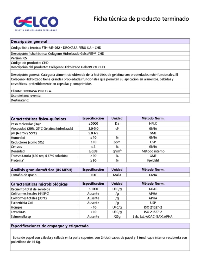 Ficha Técnica de Producto Terminado: Descripción General | PDF | Química