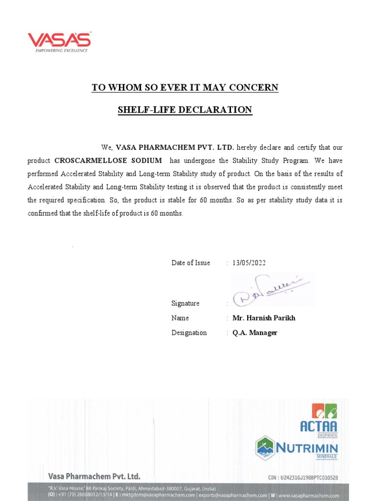 VASA - CROSCARMELLOSE SODIUM - Self Life Declaration | PDF