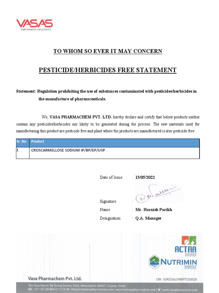 VASA - CROSCARMELLOSE SODIUM - Pesticide Statement | PDF