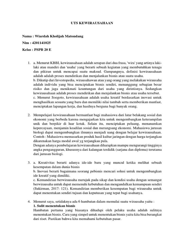 Uts Kewirausahaan | PDF | Bisnis