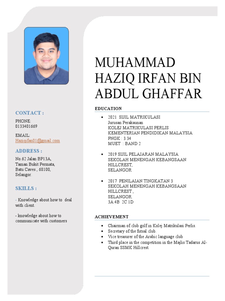 Muhammad Haziq Irfan Bin Abdul Ghaffar: Contact | PDF