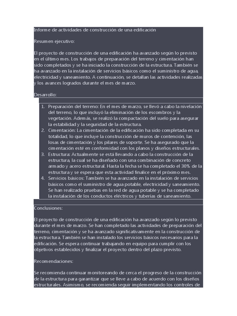 Informe de Actividades de Construcción de Una Edificación | PDF | Fundación (Ingeniería) | Agua