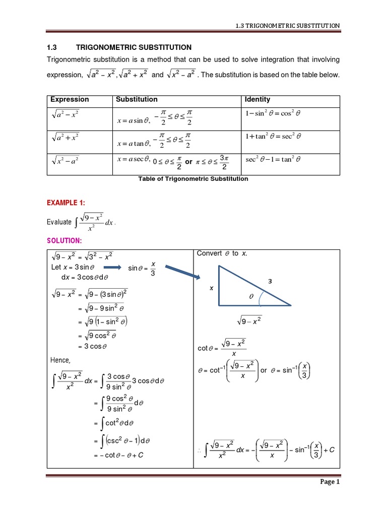 Mat435 - Chapter 1 - Trigonometric Substitution | PDF | Trigonometric ...