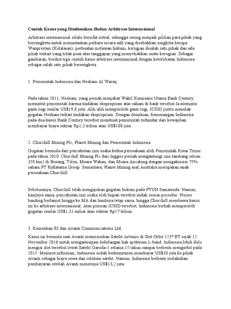 Contoh Kasus Yang Diselesaikan Badan Arbitrase Internasional | PDF
