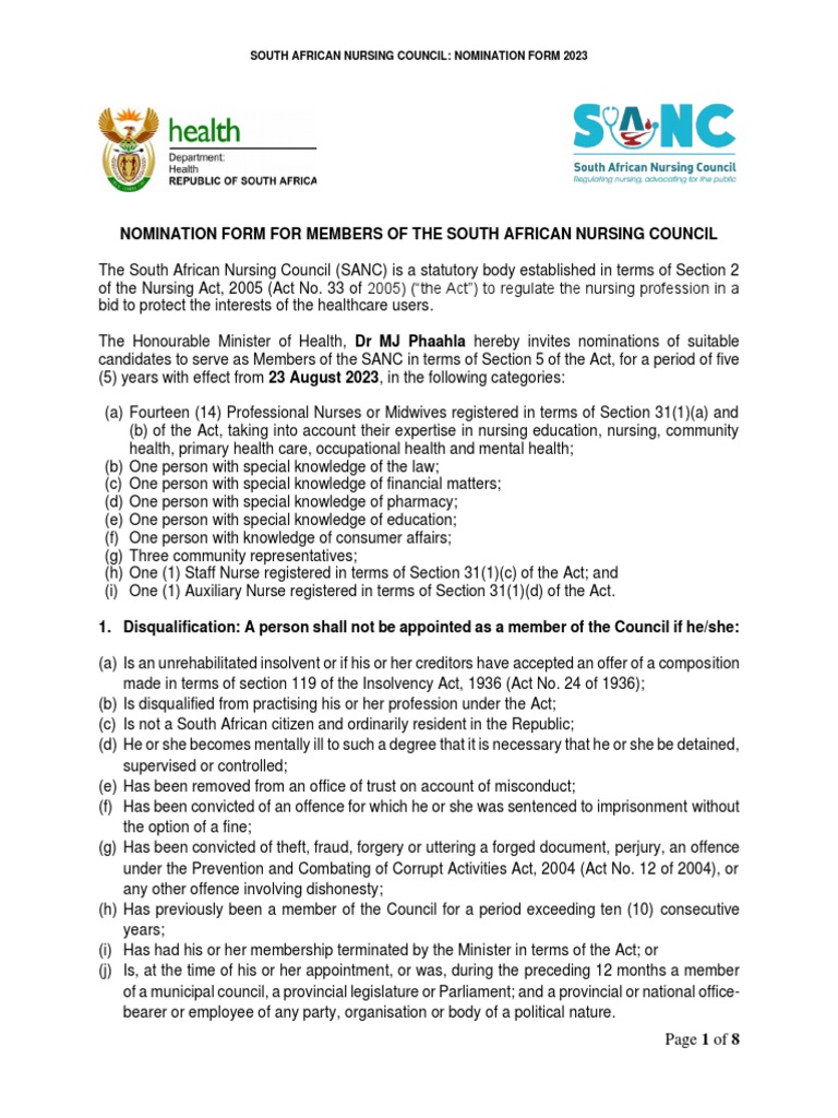 Nomination Form For Members of The South African Nursing Council | PDF ...