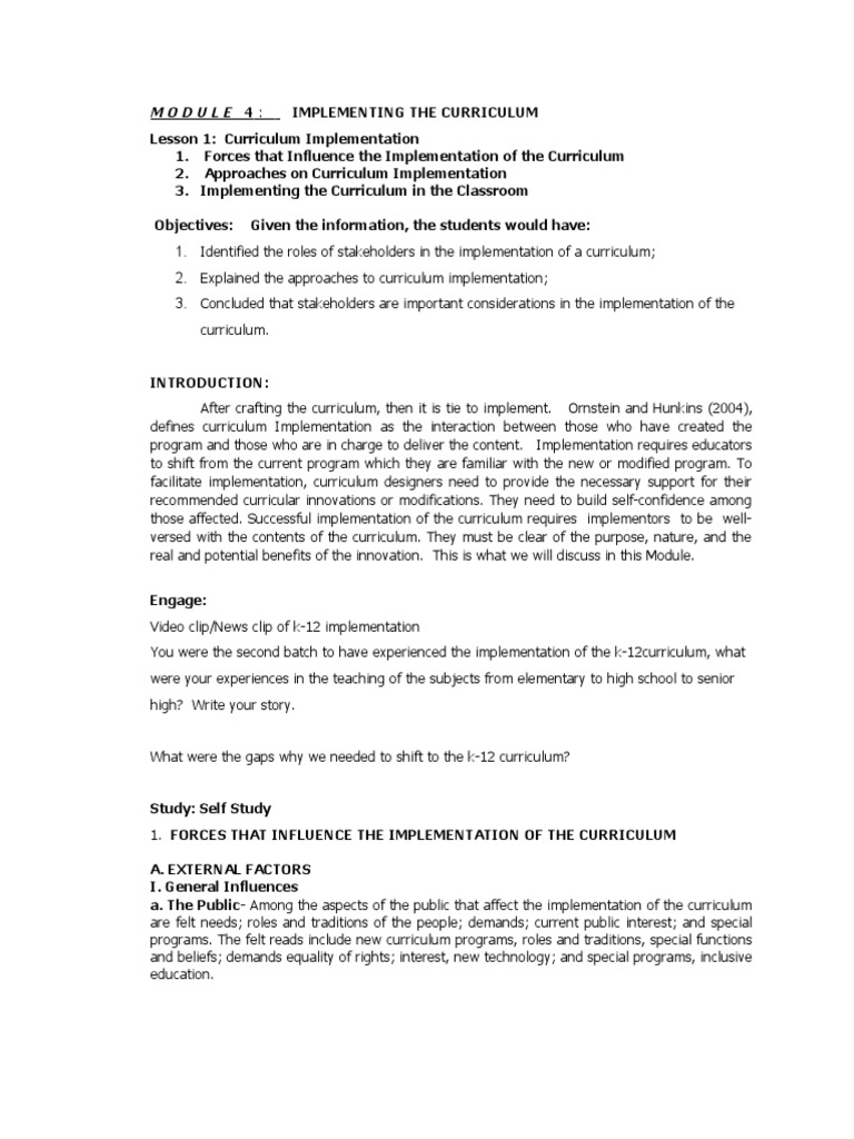 MODULE 4 Implementating The Curriculum | PDF | Curriculum | Teachers