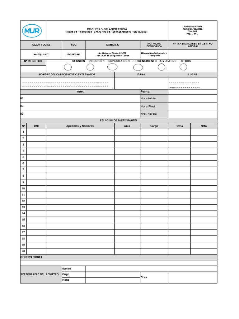 FOR-SGI-ANT-001 Registro de Asistencia Ver 003 (Autoguardado) | PDF