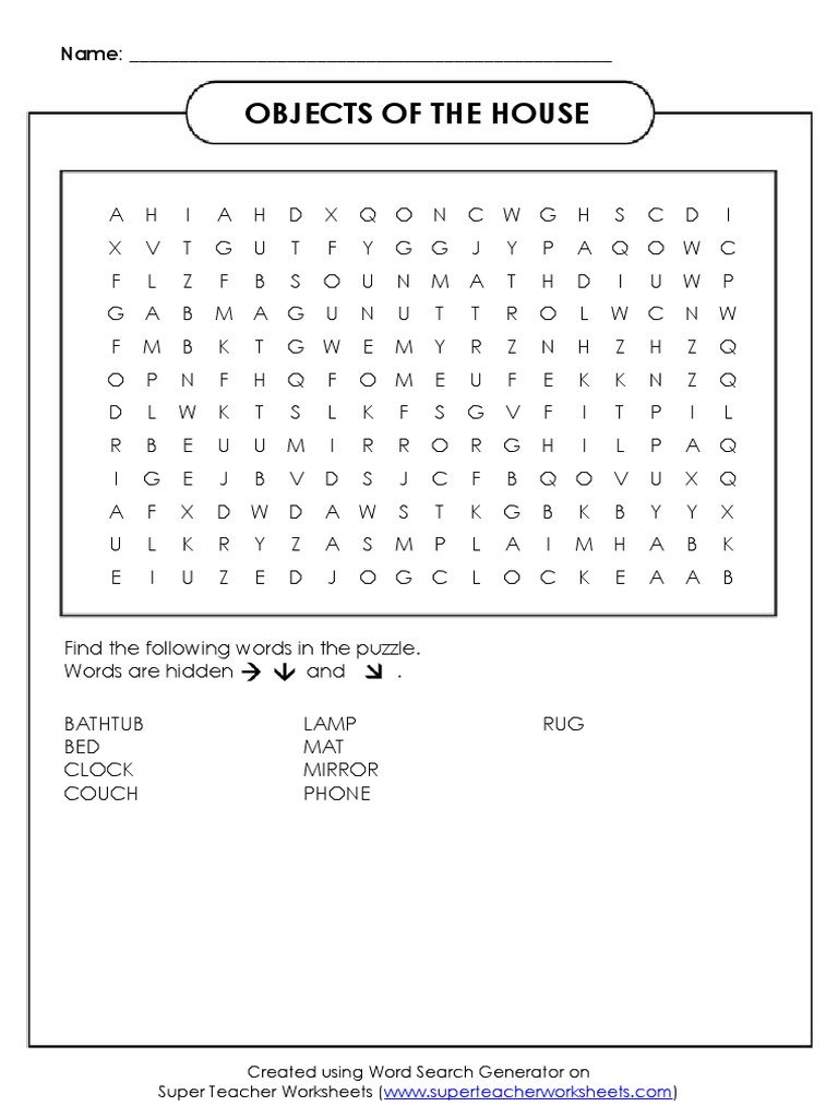 House Objects Word Search Answers | PDF | Word Search | Puzzles