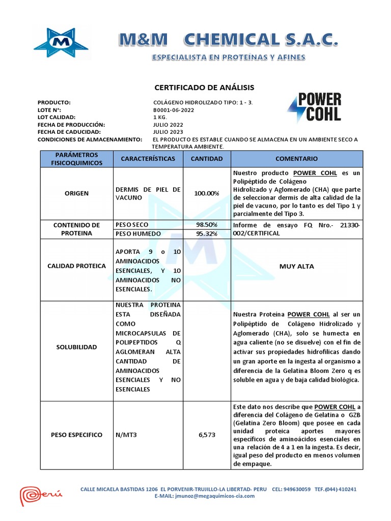 Certificado de Analisis POWER COLH - 3 | PDF | Proteínas | Péptido