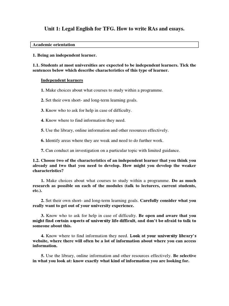 Unit 1 - Legal English For TFG. How To Write RAs and Essays. | PDF ...