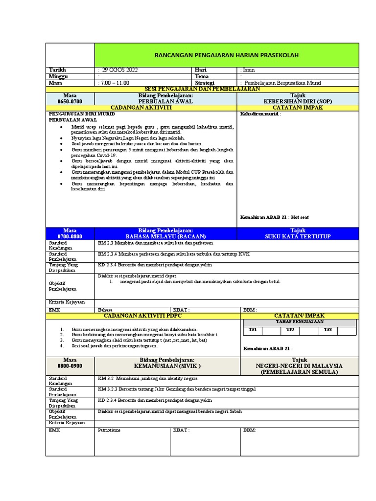 RPH Prasekolah (Mggu 22 29.8-2.9) | PDF