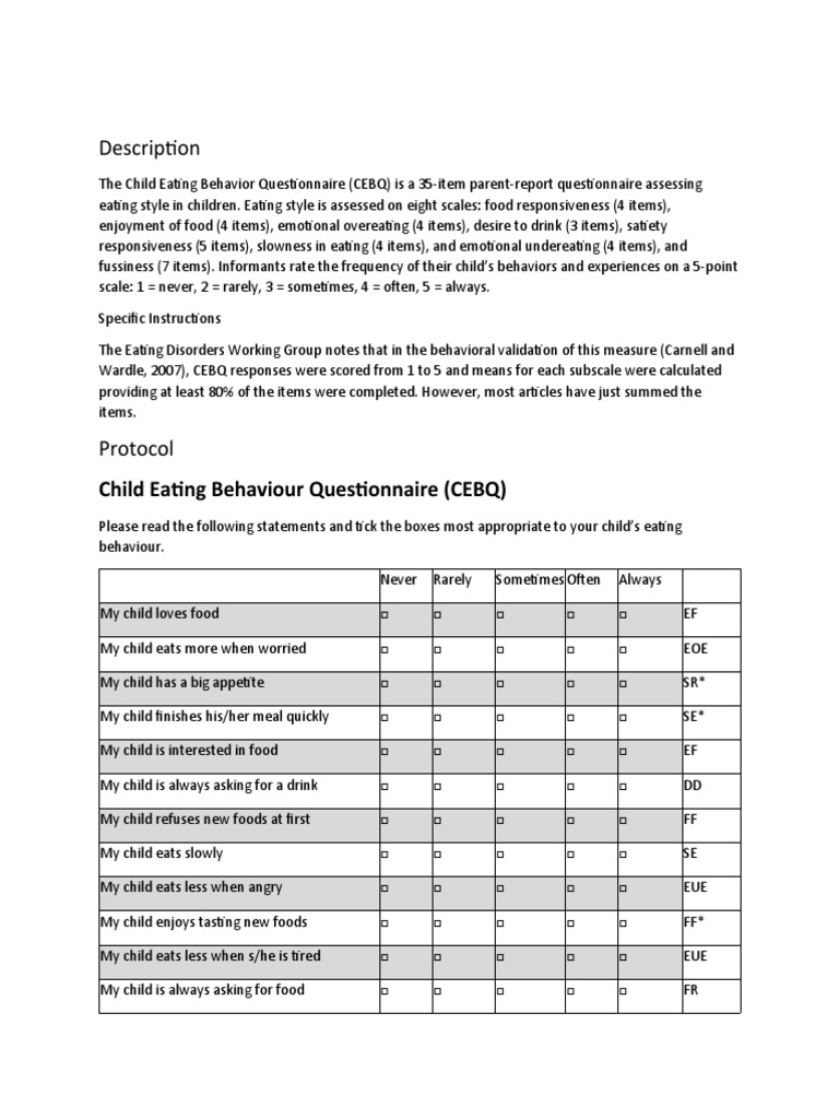 CEBQ Child Eating Behavior Questionnare | PDF | Appetite | Psychology
