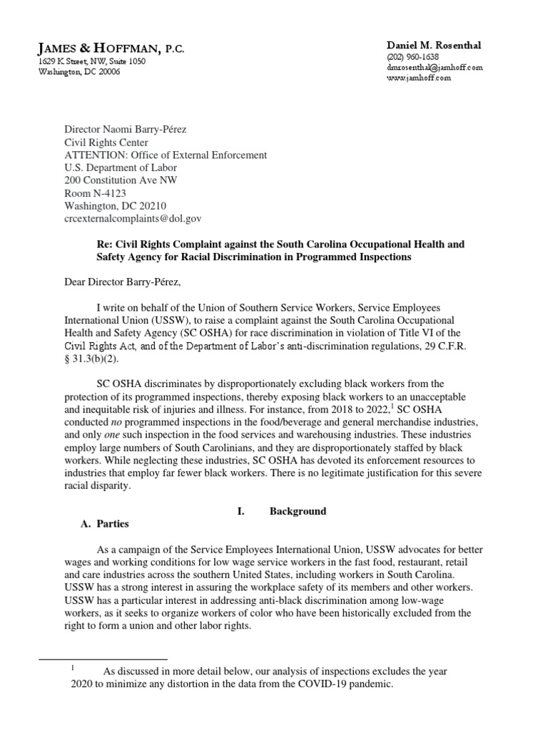 Ussw, SC Osha Dol Title Vi Complaint - April 4 2023 | PDF ...