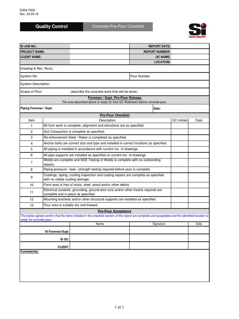 Quality Control: Concrete Pre-Pour Checklist | PDF | Pipe (Fluid ...
