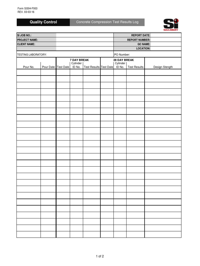 Quality Control: Concrete Compression Test Results Log | PDF