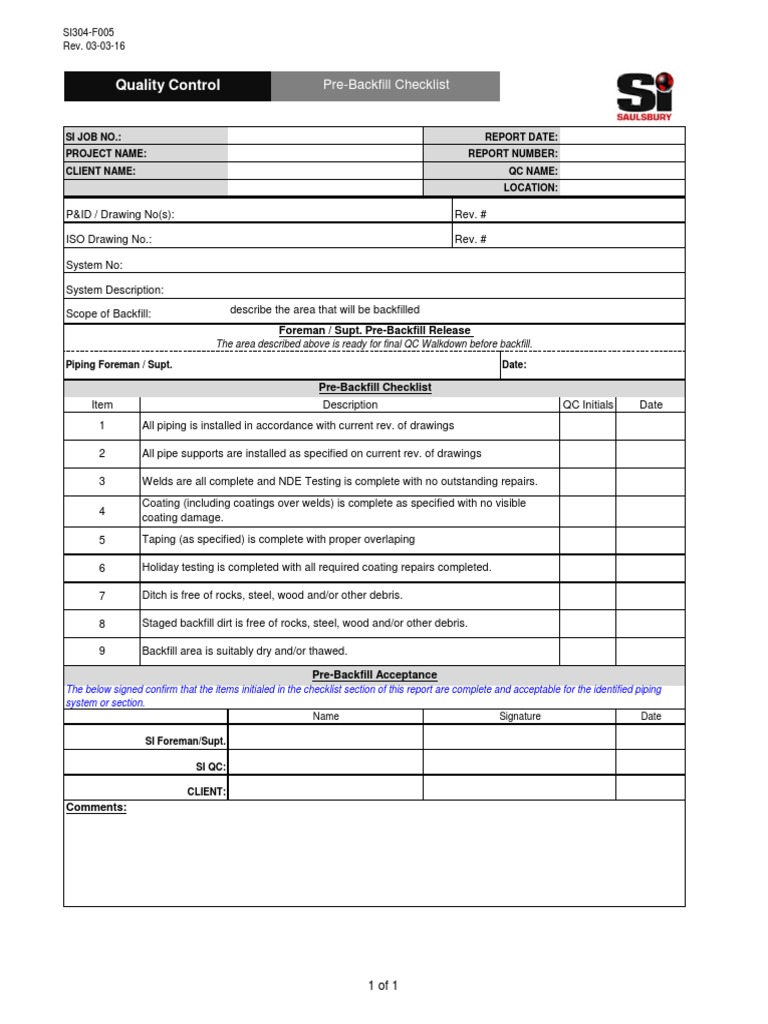 Quality Control: Pre-Backfill Checklist | Download Free PDF | Building ...