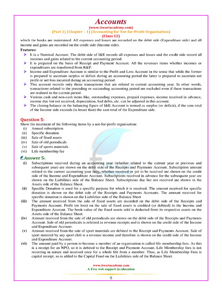 Class 12 Part 1 Chapter-1 Accounting For Not-for-Profit Organisation Page 5 | PDF | Debits And ...