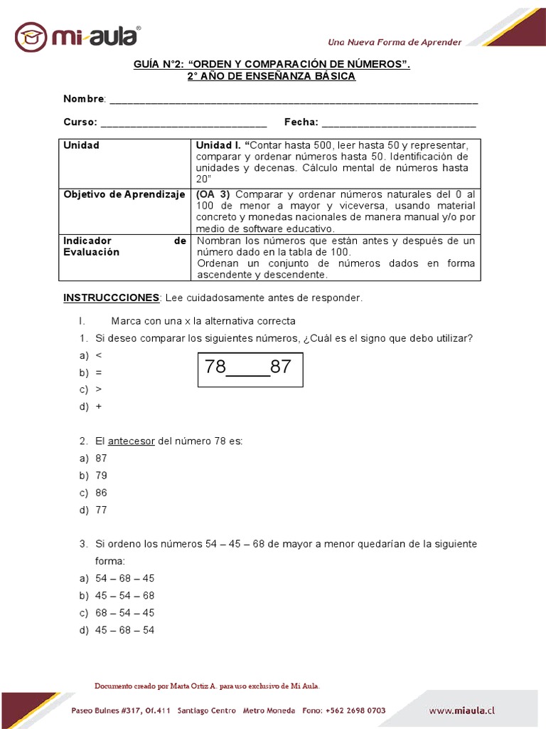 Guia 2 Orden y Comparacion de Numeros 96538 20220915 20180313 153545 | PDF