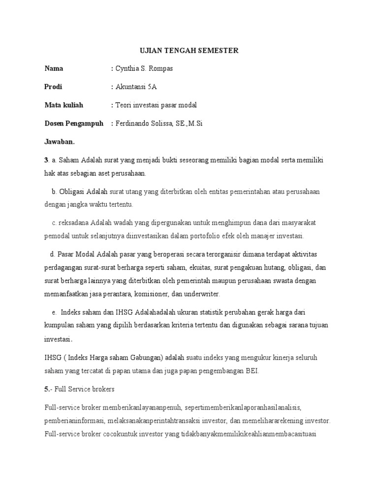 UTS Teori Investasi Pasar Modal - CYNTHIA ROMPAS AKT5A | PDF
