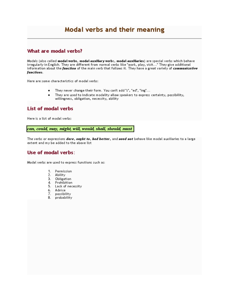 Modal Verbs and Their Meaning | PDF | Cognitive Science | Language ...