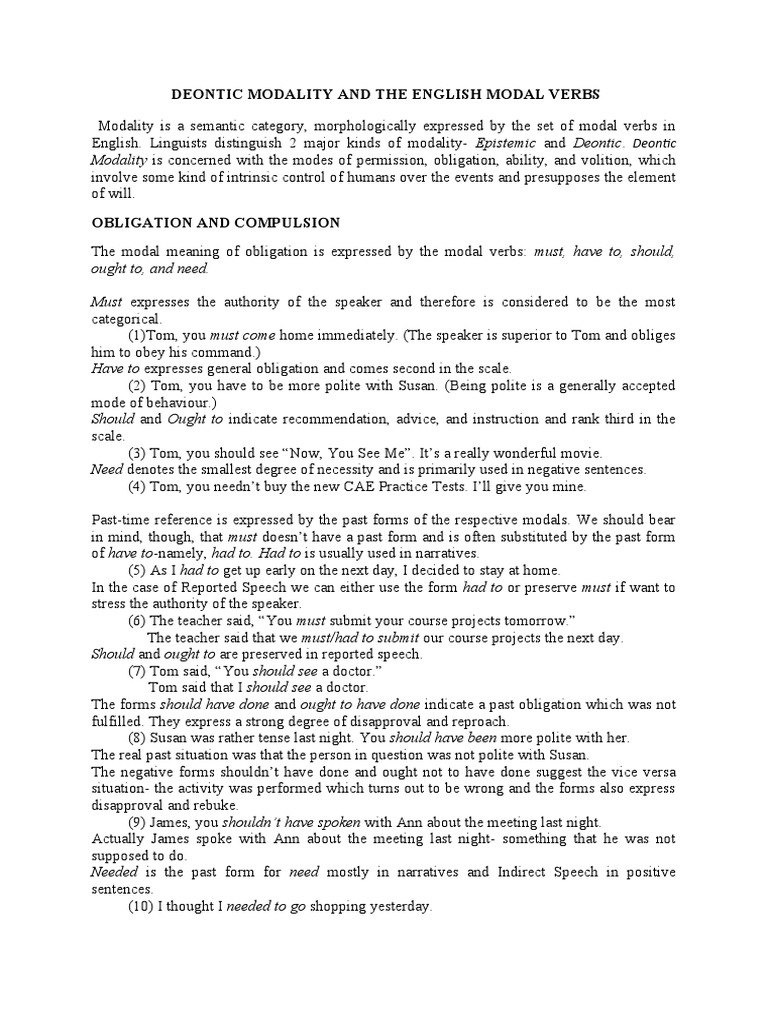 Deontic Modality and The English Modal Verbs | PDF | Semantics | Linguistic Typology